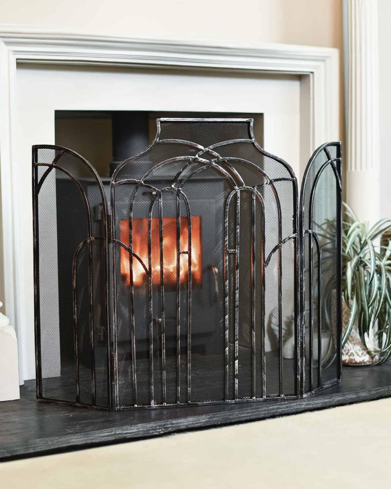 Antique Silver Arched Three Fold Fire Guard | Black Country Metalworks