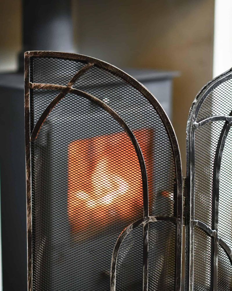 Antique Silver Arched Three Fold Fire Guard | Black Country Metalworks