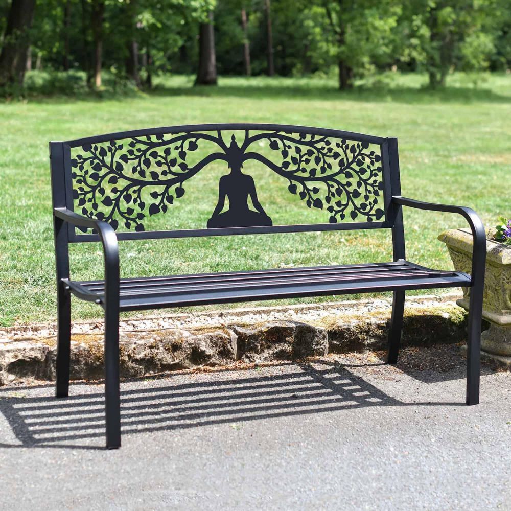 Bespoke 'Eternal Growth' Buddha Iron & Steel Black Park Bench | Black ...