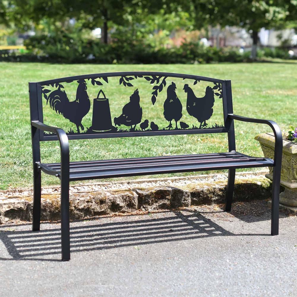 Bespoke Chickens & Rooster Iron & Steel Park Bench in Black | Black ...