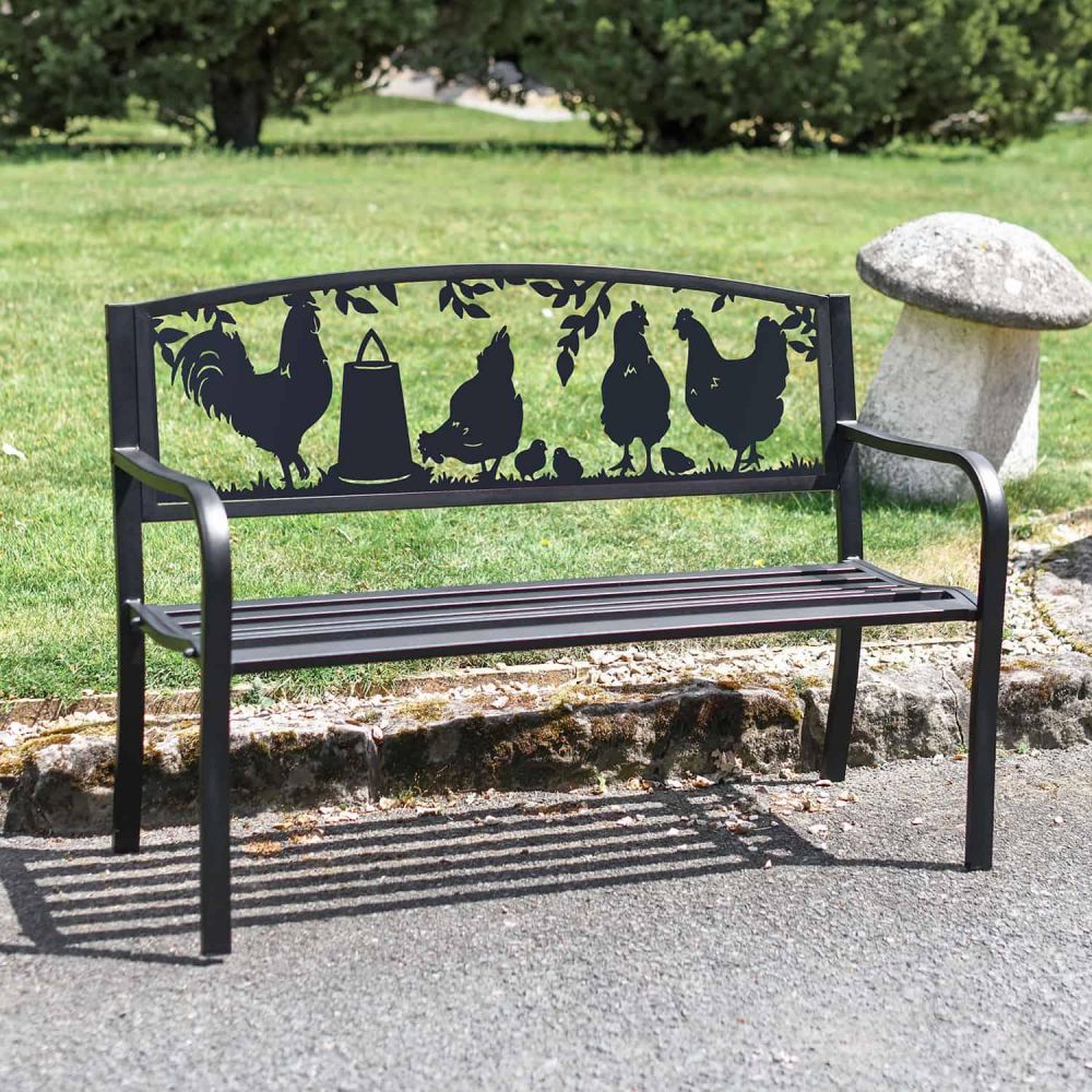 Bespoke Chickens & Rooster Iron & Steel Park Bench in Black | Black ...