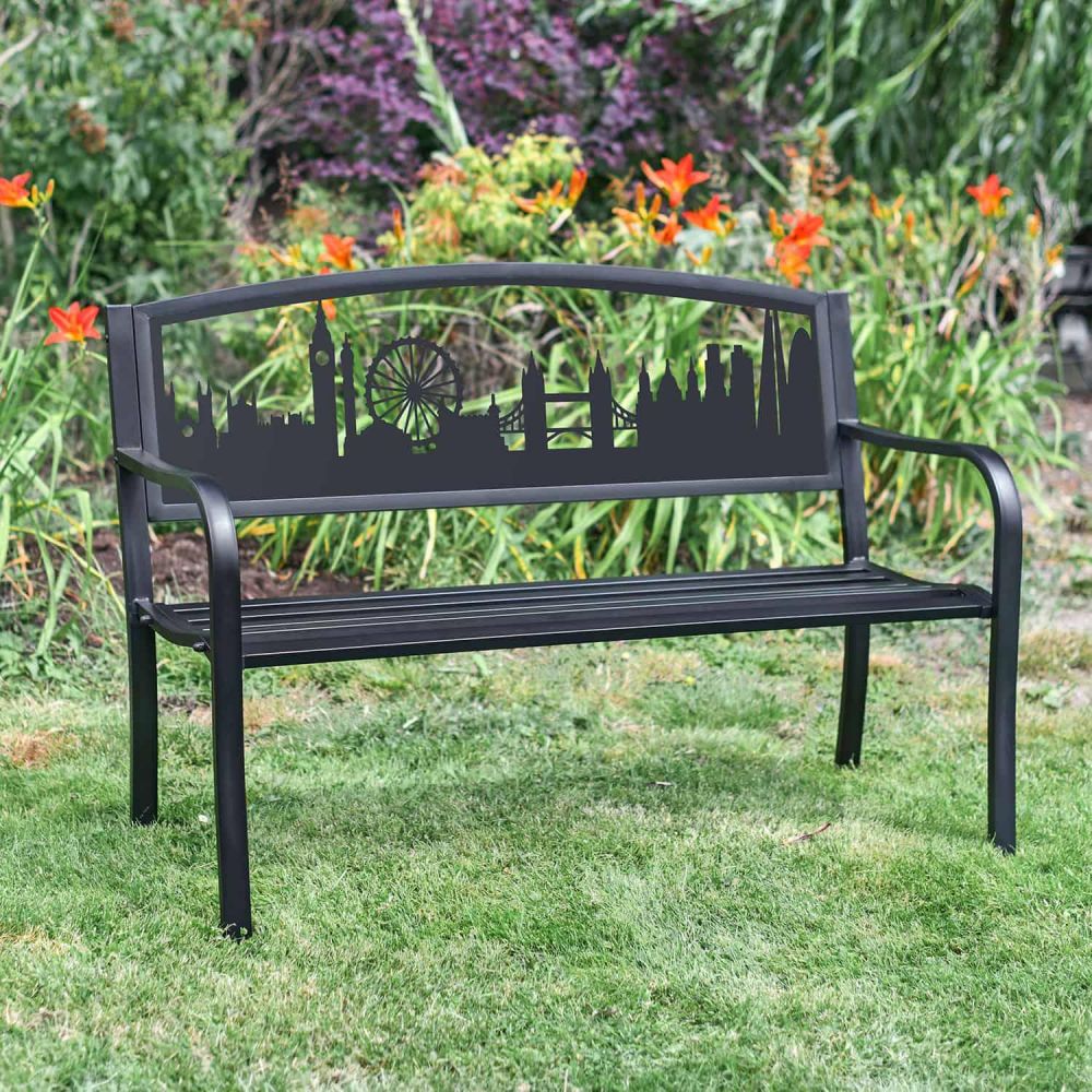 Bespoke London Cityscape Iron & Steel Park Bench | Black Country Metalworks