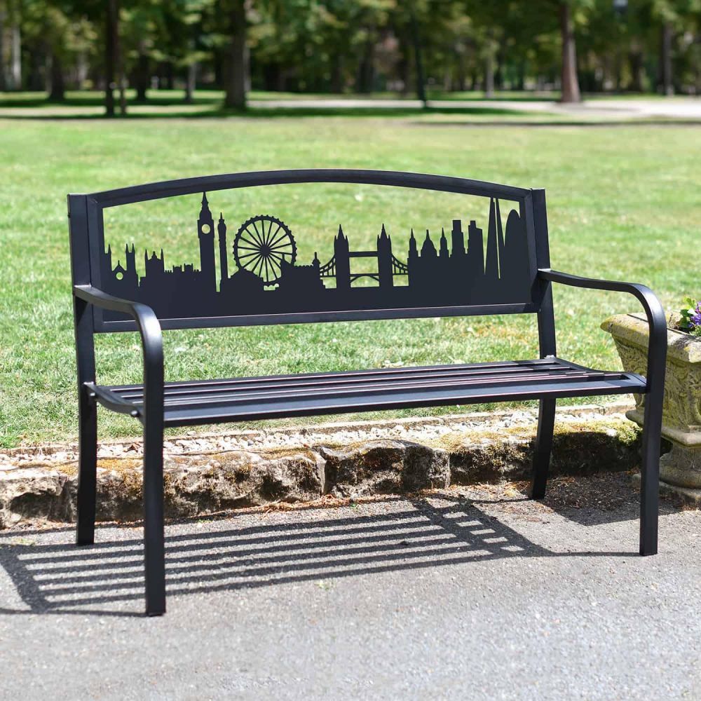 Bespoke London Cityscape Iron & Steel Park Bench | Black Country Metalworks