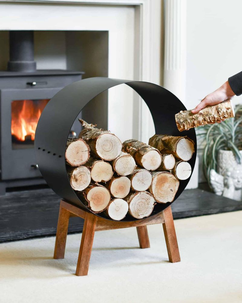 Black Round Steel "Barrel" Log Holder with Wooden Legs | Black Country ...