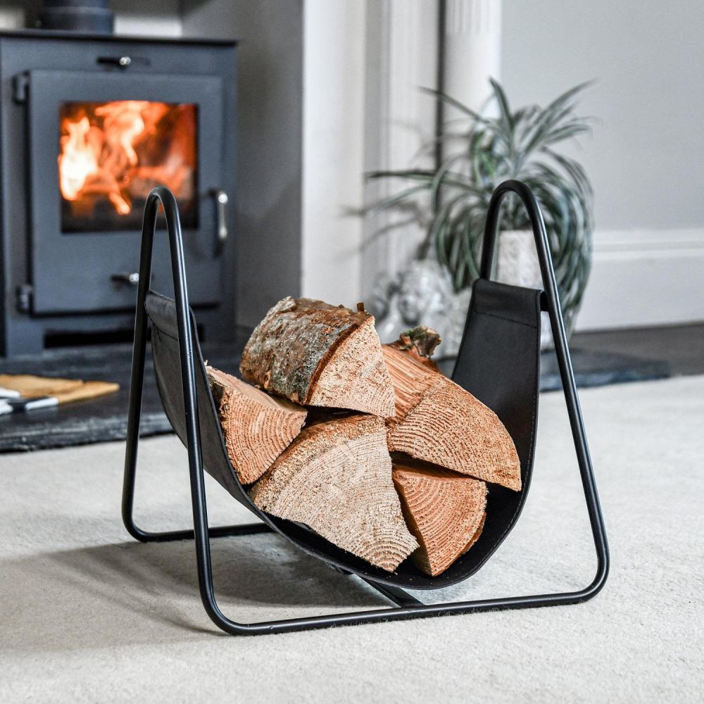 Black Steel & Black Leather Log Holder | Black Country Metalworks