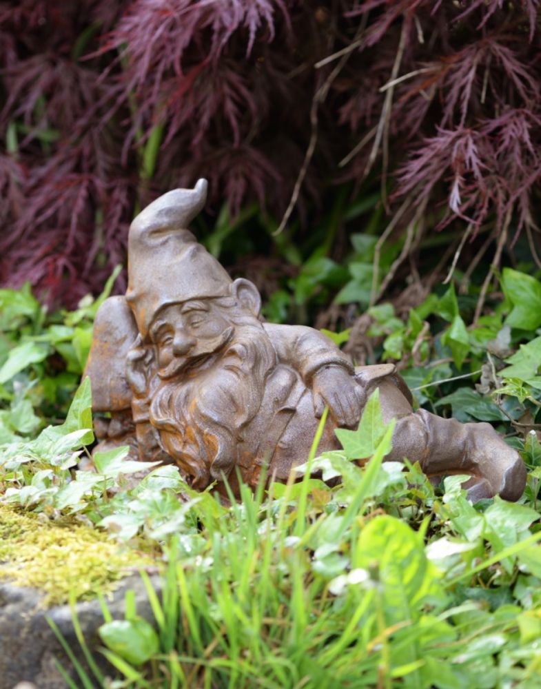 Rustic Cast Iron "Relaxing Gnome" Garden Sculpture | Black Country ...