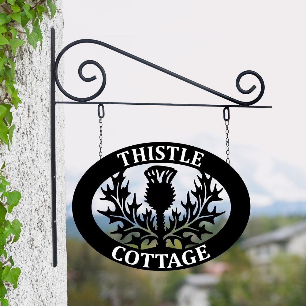 Oval Steel Thistle Hanging House Name Sign | Black Country Metalworks