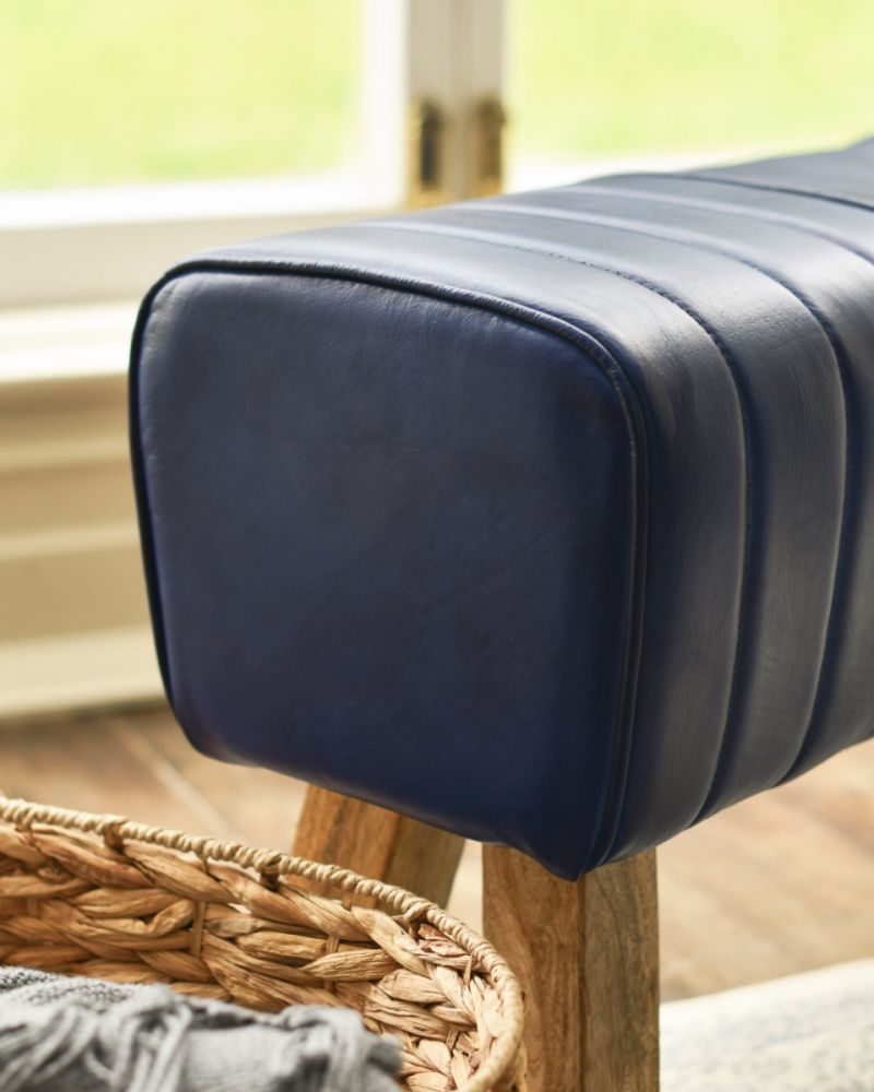 The "Cerulean" Blue Leather & Mango Wood Bench | Black Country Metalworks