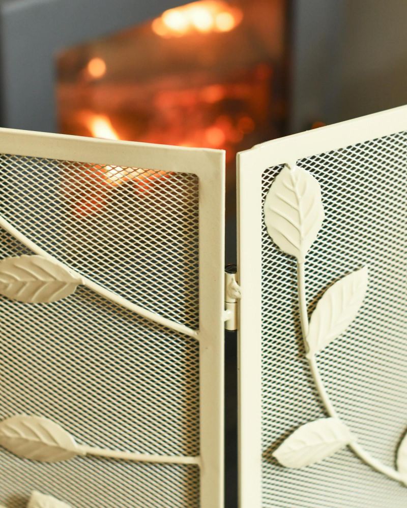 Cream Rectangular Three Fold Fire Guard with Leaf Pattern | Black ...