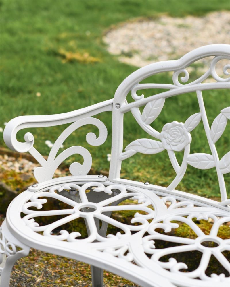 Cast Aluminium "Tri-Floral" White Two Seater Garden Bench | Black ...