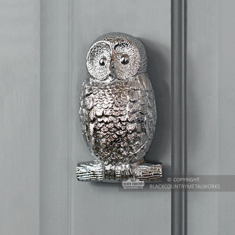 Bright Chrome Owl Door Knocker | Black Country Metalworks