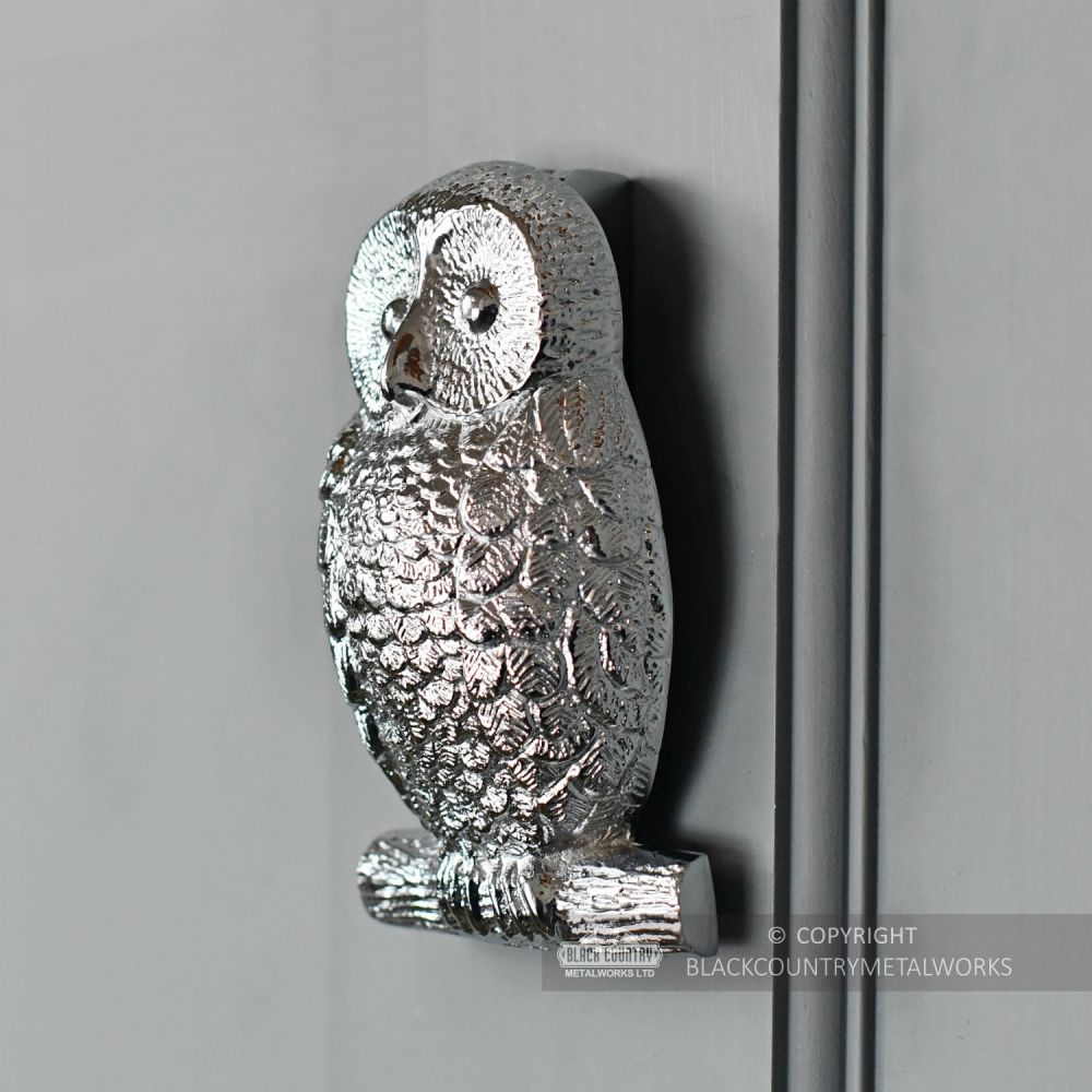 Bright Chrome Owl Door Knocker | Black Country Metalworks