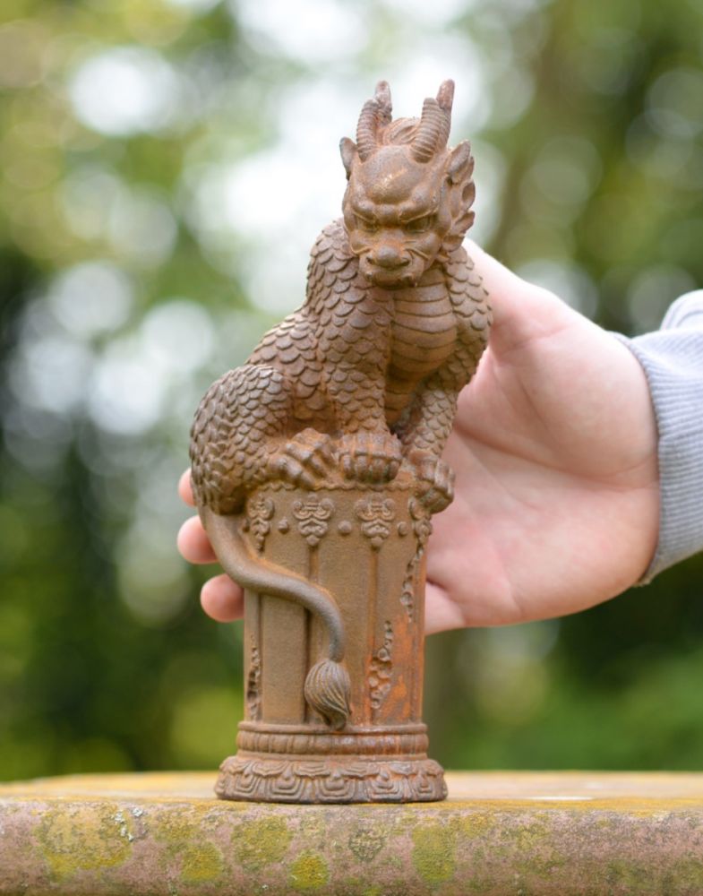 Rustic Cast Iron "Chinese Dragon & Pillar" Garden Sculpture | Black ...