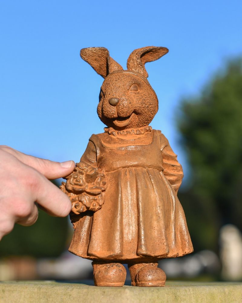 Rustic Cast Iron Rabbit Holding Flowers Sculpture | Black Country ...