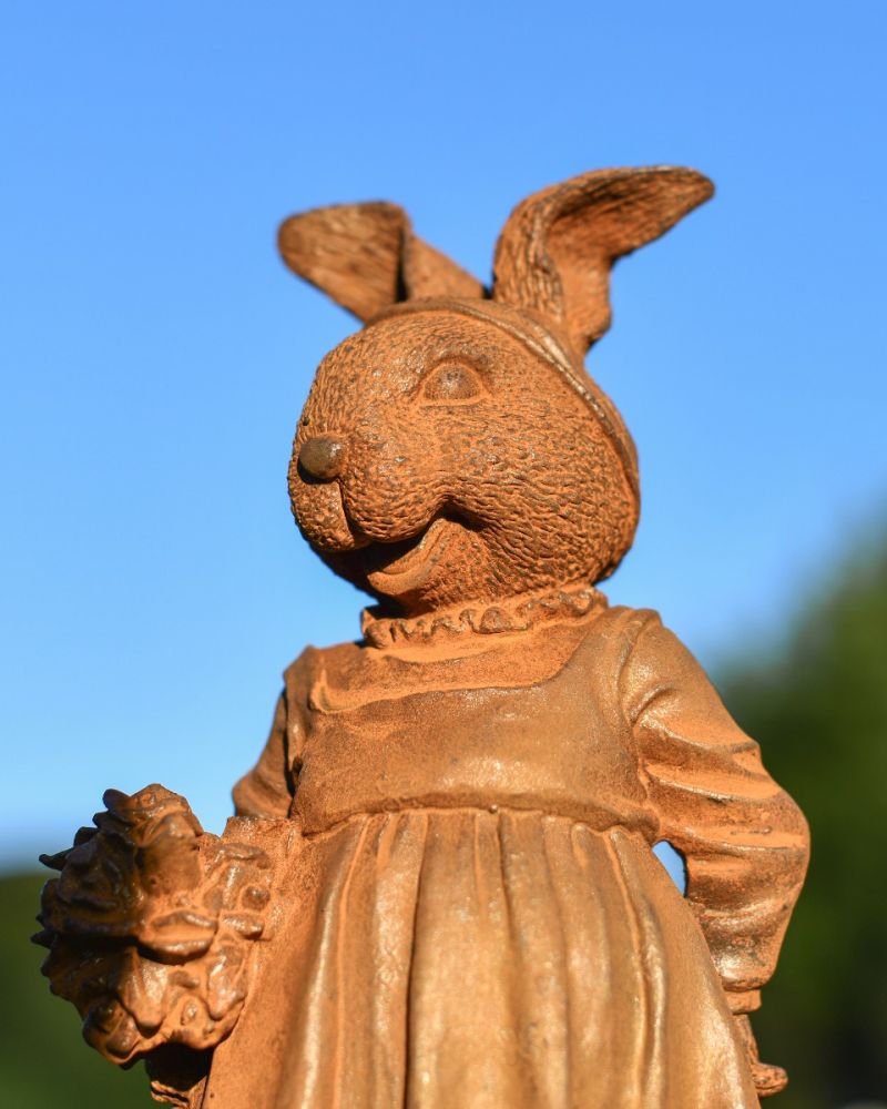 Rustic Cast Iron Rabbit Holding Flowers Sculpture | Black Country ...