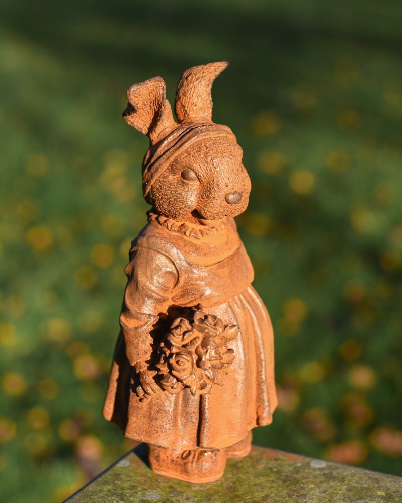 Rustic Cast Iron Rabbit Holding Flowers Sculpture | Black Country ...