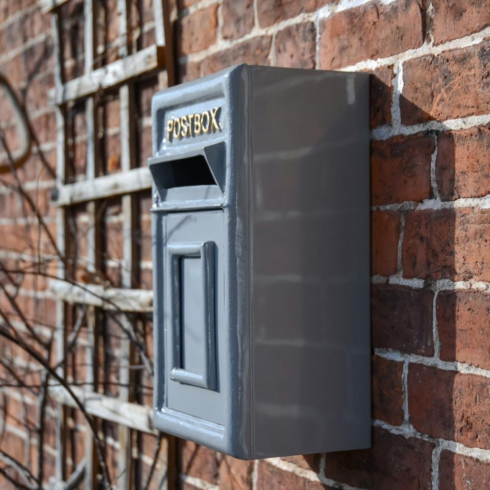 Traditional Grey & Gold Wall Mounted Post Box | Black Country Metalworks