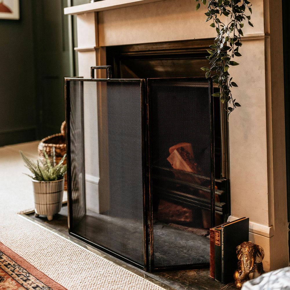 Square Simplistic Contemporary Brushed Gold Three Fold Fireguard ...