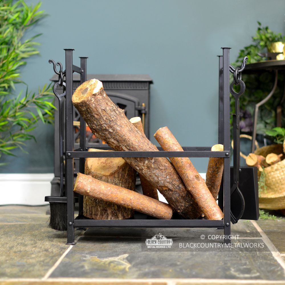 Black Log Rack & Holder with Fireside Tools | Black Country Metalworks