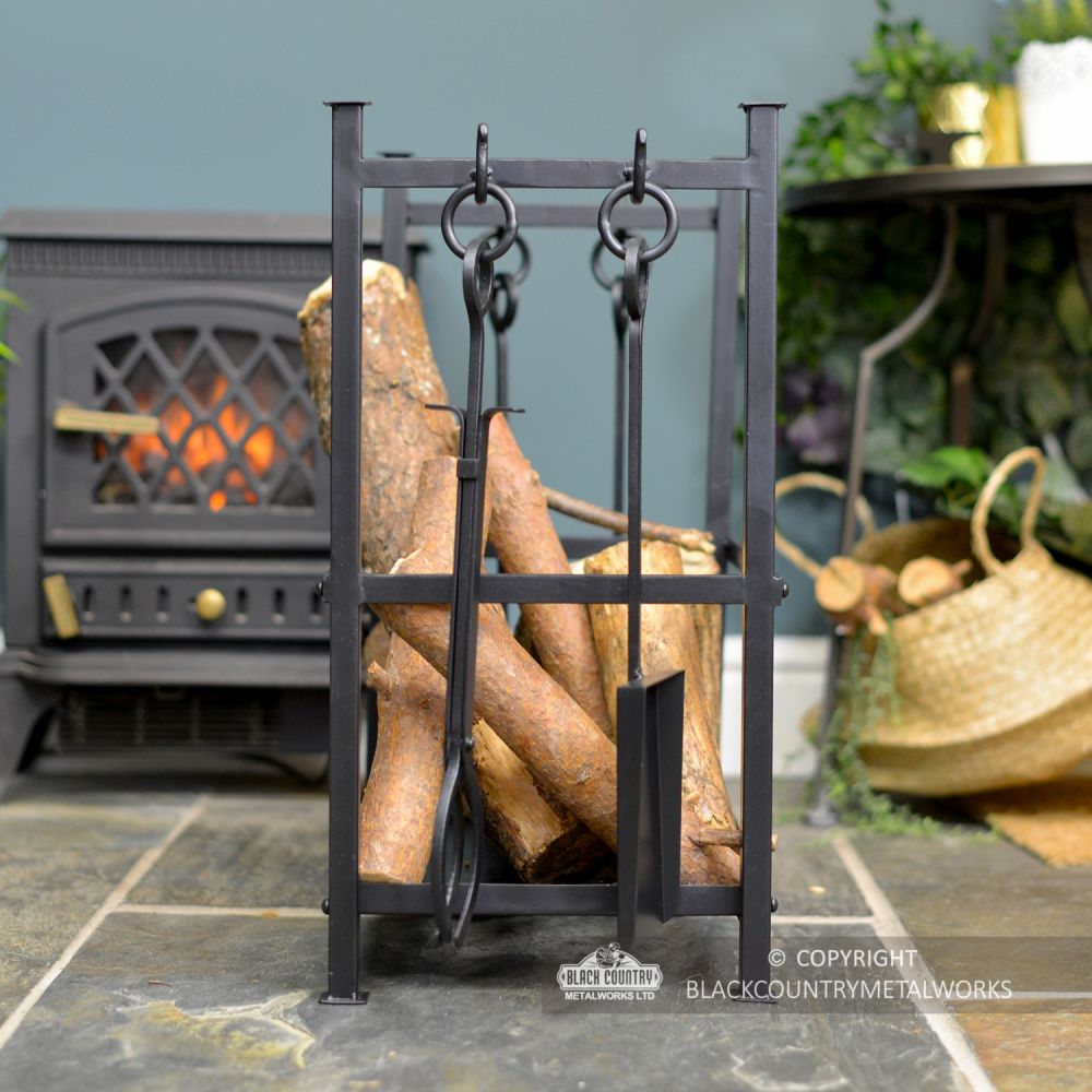 Black Log Rack & Holder with Fireside Tools | Black Country Metalworks