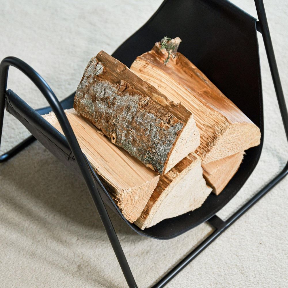 Black Steel & Black Leather Log Holder | Black Country Metalworks