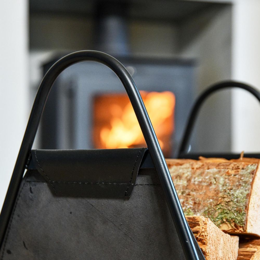 Black Steel & Black Leather Log Holder | Black Country Metalworks