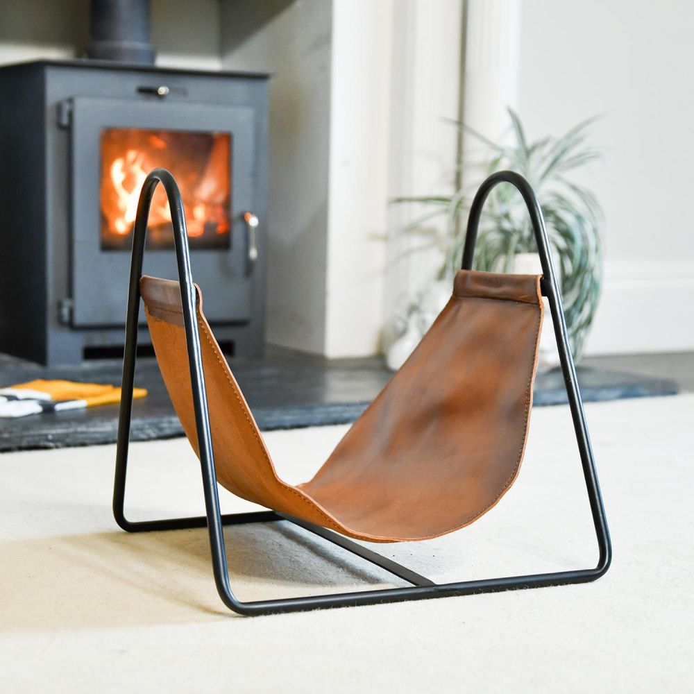 Black Steel & Brown Leather Log Holder | Black Country Metalworks