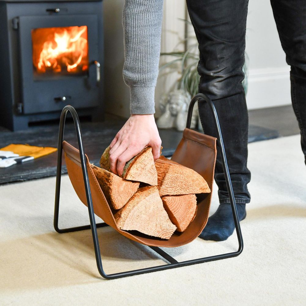 Black Steel & Brown Leather Log Holder | Black Country Metalworks