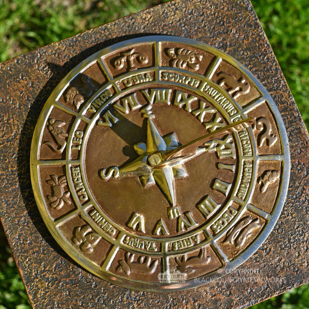 Antique Brass 'Horoscope' Sundial - 230mm | Black Country Metalworks