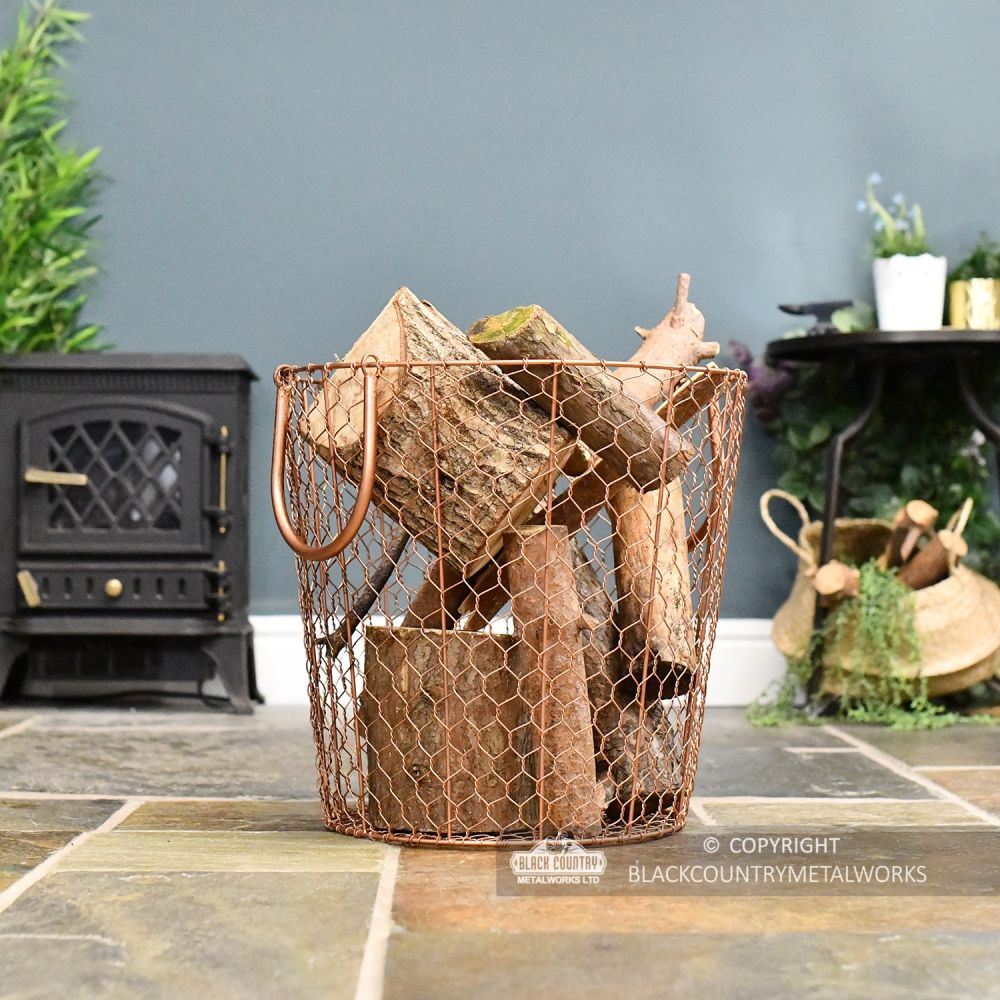 Large Rose Gold Wire Log Basket | Black Country Metalworks