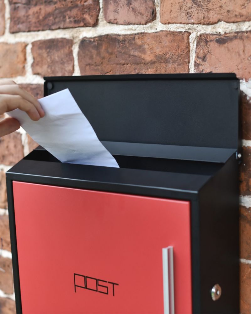 Contemporary Black and Red Wall Mounted Post Box | Black Country Metalworks