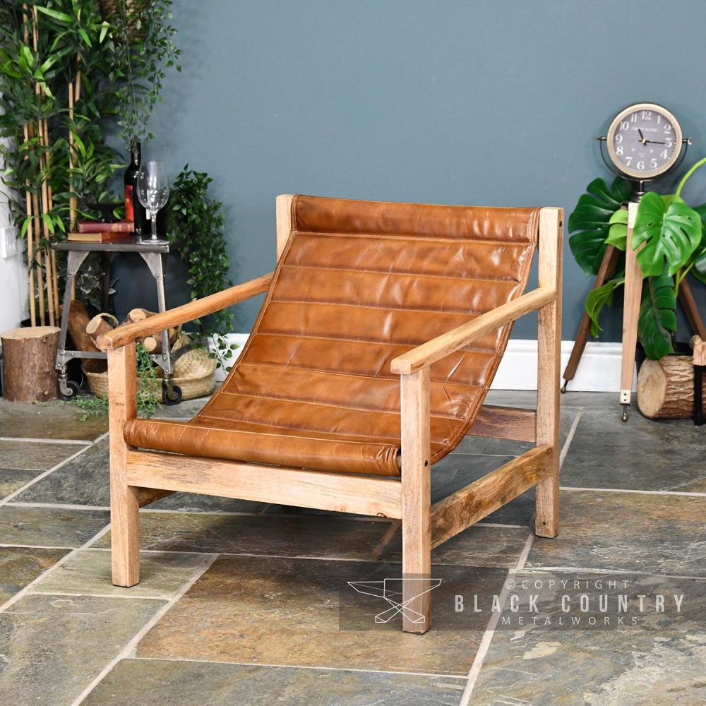"The Barford" Mango Wood & Tan Leather Relax Chair | Black Country ...