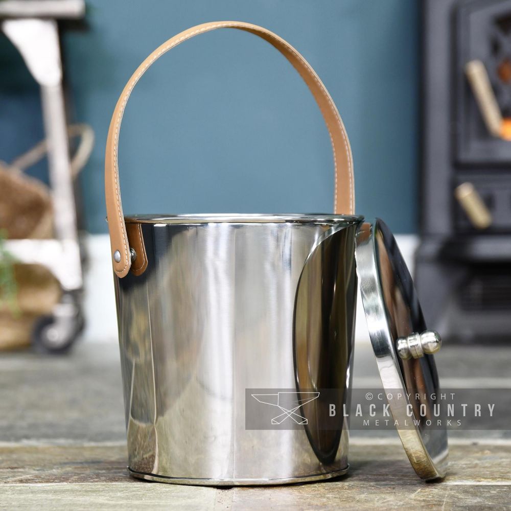 Modern Stainless Steel Ash Bucket with Leather Strap - 20cm | Black ...