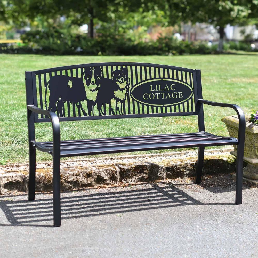 Personalised Border Collie Pair Iron & Steel Park Bench in Black ...