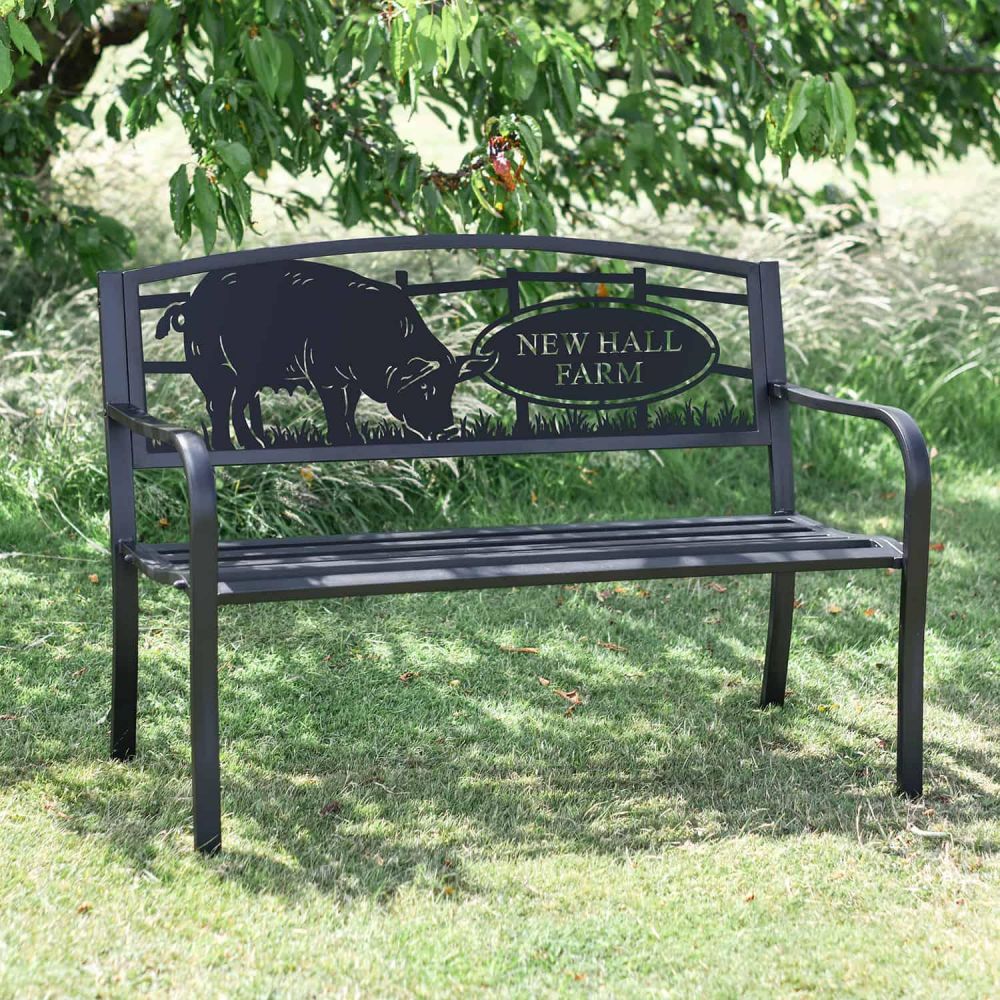 Personalised Farmyard Pig Iron & Steel Park Bench in Black | Black ...