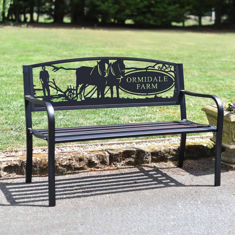 Personalised Horse & Plough Iron & Steel Park Bench in Black | Black ...