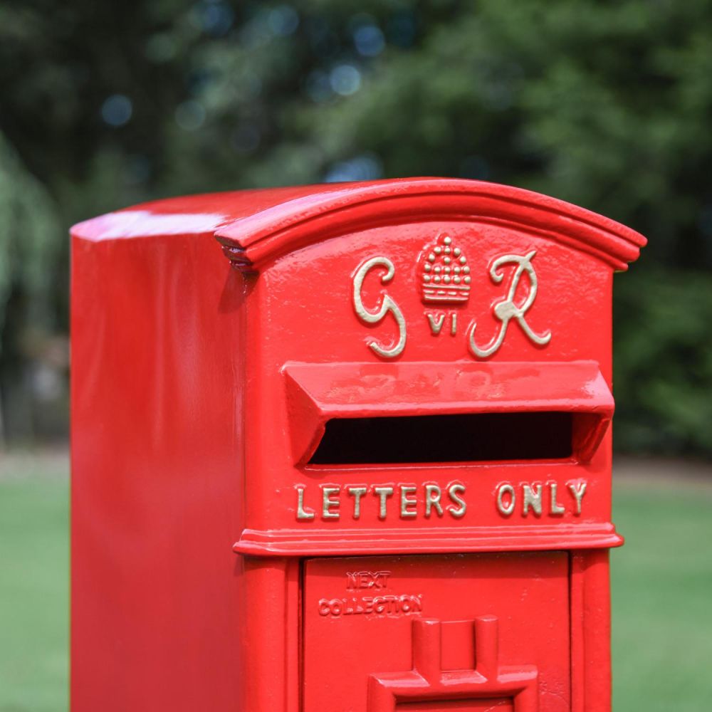 Red & Gold "Goldney" King George Curved Roof Post Box with Stand ...