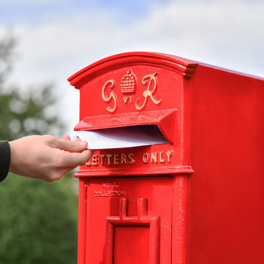 Red & Gold "Goldney" King George Curved Roof Post Box with Stand ...