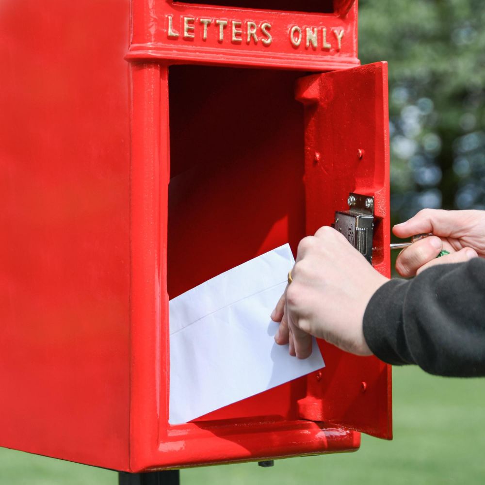 Red & Gold "Goldney" King George Curved Roof Post Box with Stand ...