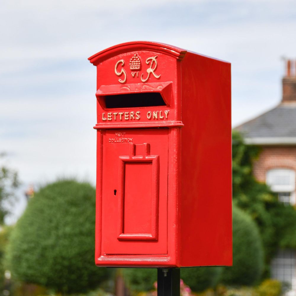 Red & Gold "Goldney" King George Curved Roof Post Box with Stand ...