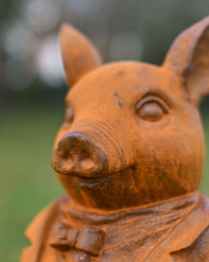 Rustic Cast Iron "Sophisticated Gentleman" Pig Garden Sculpture | Black ...