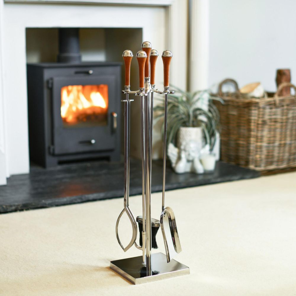 "The Fareham" Polished Companion Set With Leather Handles | Black ...