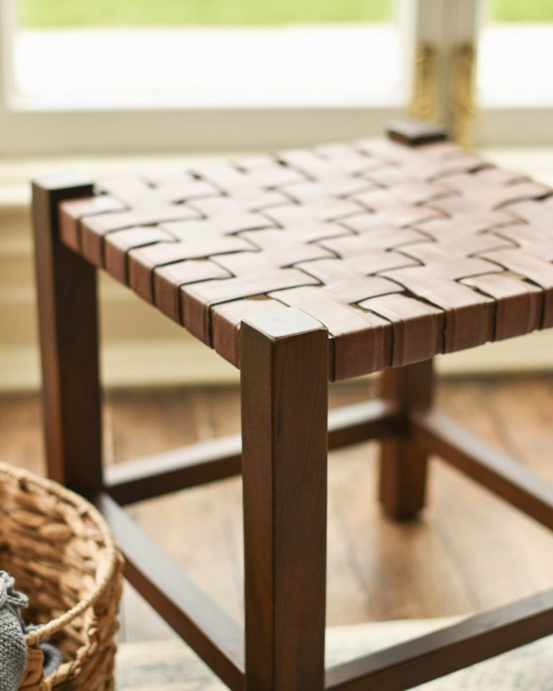 Traditional and Rustic Cross Hatch Brown Leather and Wood Stool | Black ...