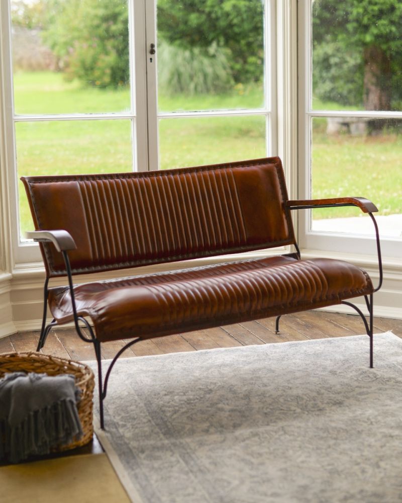 Traditional Cast Iron and Goats Leather Two Seater Chair in Tan | Black ...