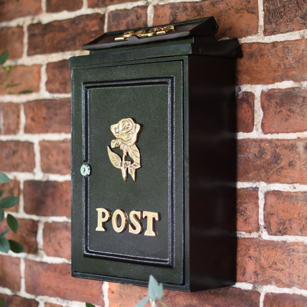 Deluxe Polished Brass “Tudor Rose” Wall Mounted Post Box | Black ...