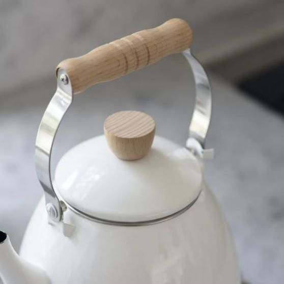 White Enamel Stove Kettle with Wooden Handle | Black Country Metalworks