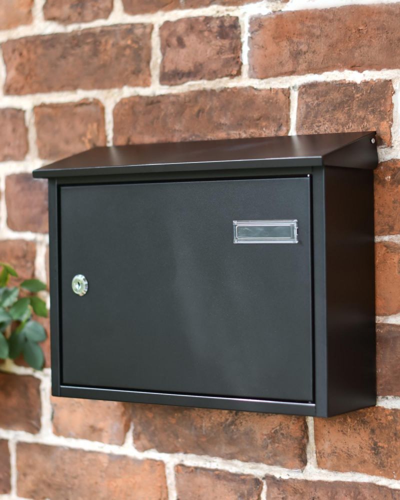 Wide Steel Black Wall Mounted Post Box with Lock & Reflector Plate ...