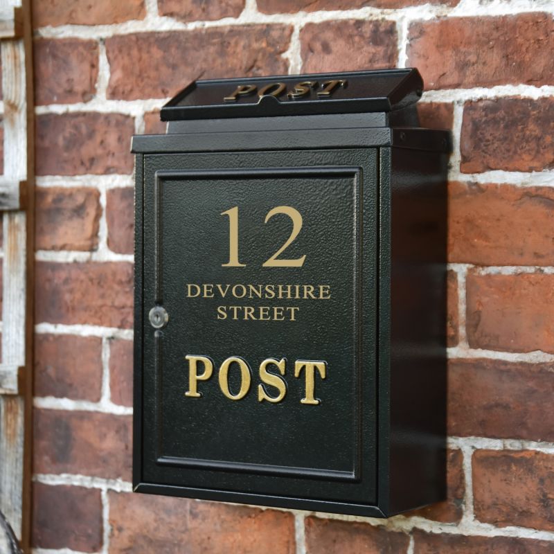 Personalised Black "Oxford" Wall Mounted Post Box with Gold Detail ...