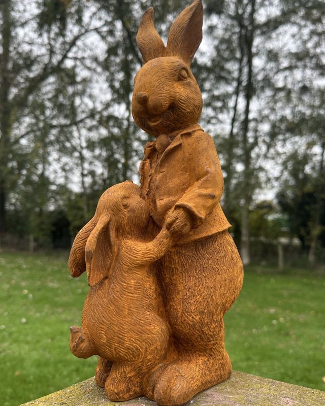 Rustic Cast Iron 'Basil and Florence' Rabbits Sculpture | Black Country ...