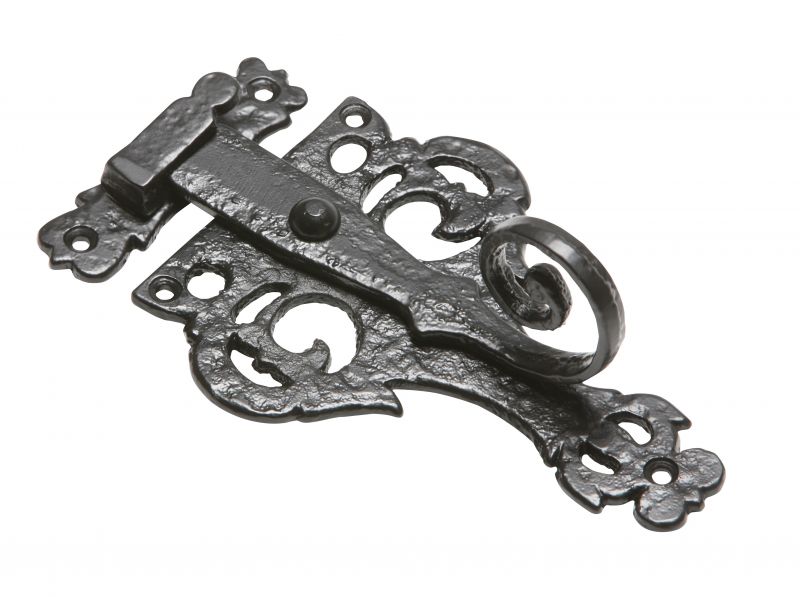 Antique Black Iron Ornate Casement Fastener With Hook Keeper Plate ...